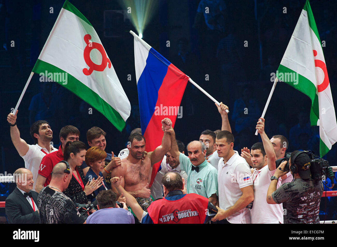 Moscow, Russia. 30th May, 2014. Boxer Rakhim Chakhkiev celebrates after ...
