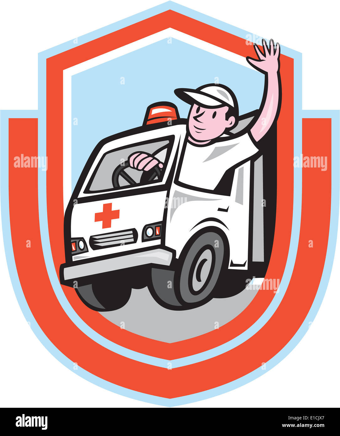 Illustration of an ambulance emergency vehicle with driver waving set ...