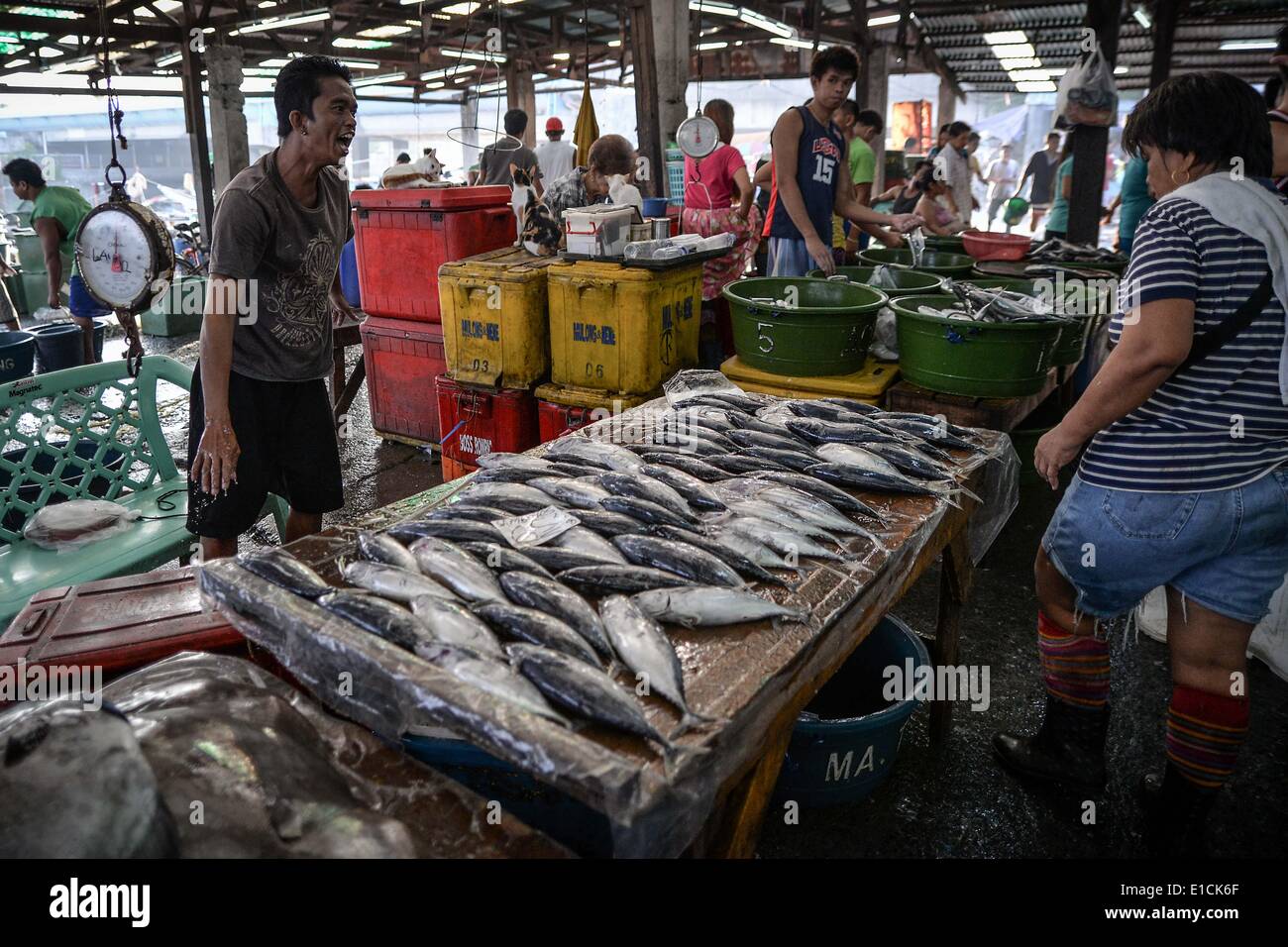 Paranaque, Philippines. 31st May, 2014. A fish vendor calls for ...