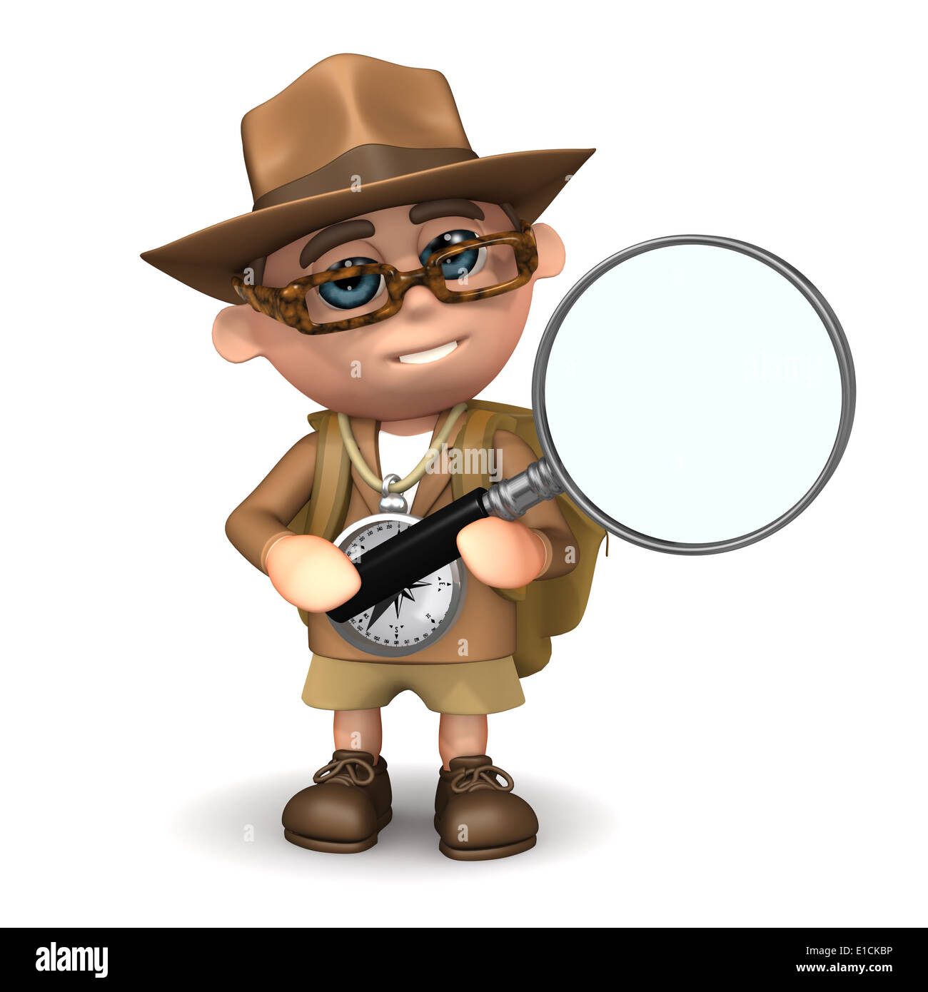 3d Explorer looks through a magnifying glass Stock Photo - Alamy