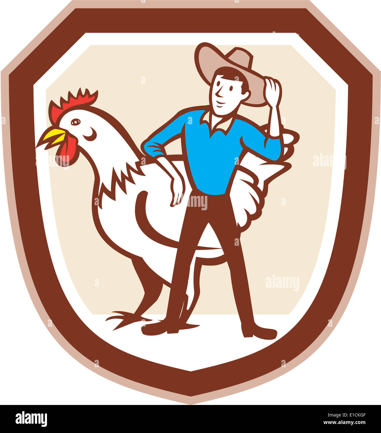 Illustration of a hen chicken fowl and male farmer set inside shield ...
