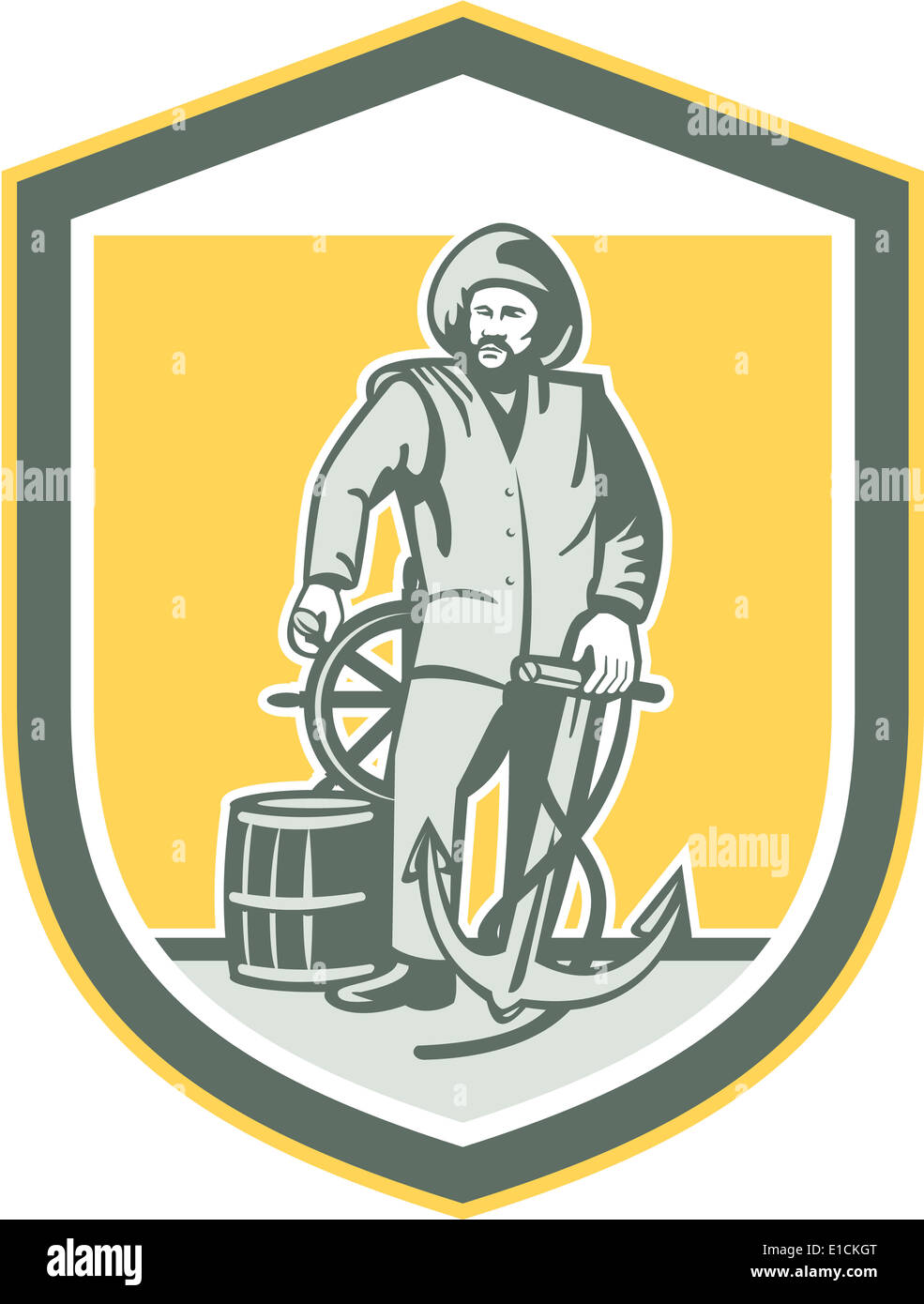 Illustration of a fisherman sea captain holding anchor at the helm with ...