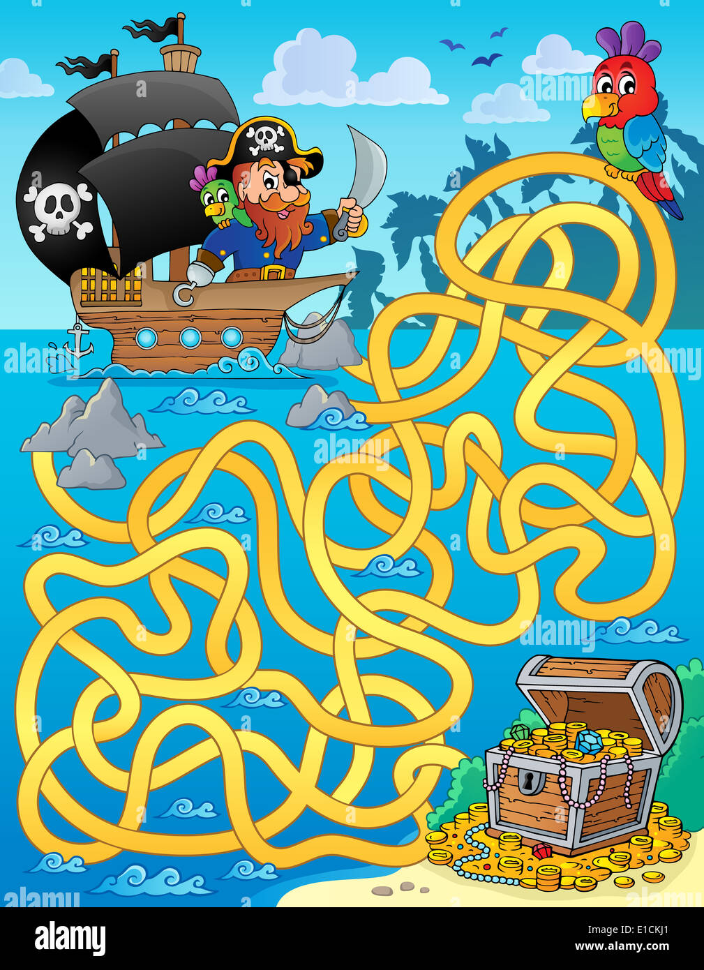 Maze 1 with pirate and treasure - picture illustration Stock Photo - Alamy
