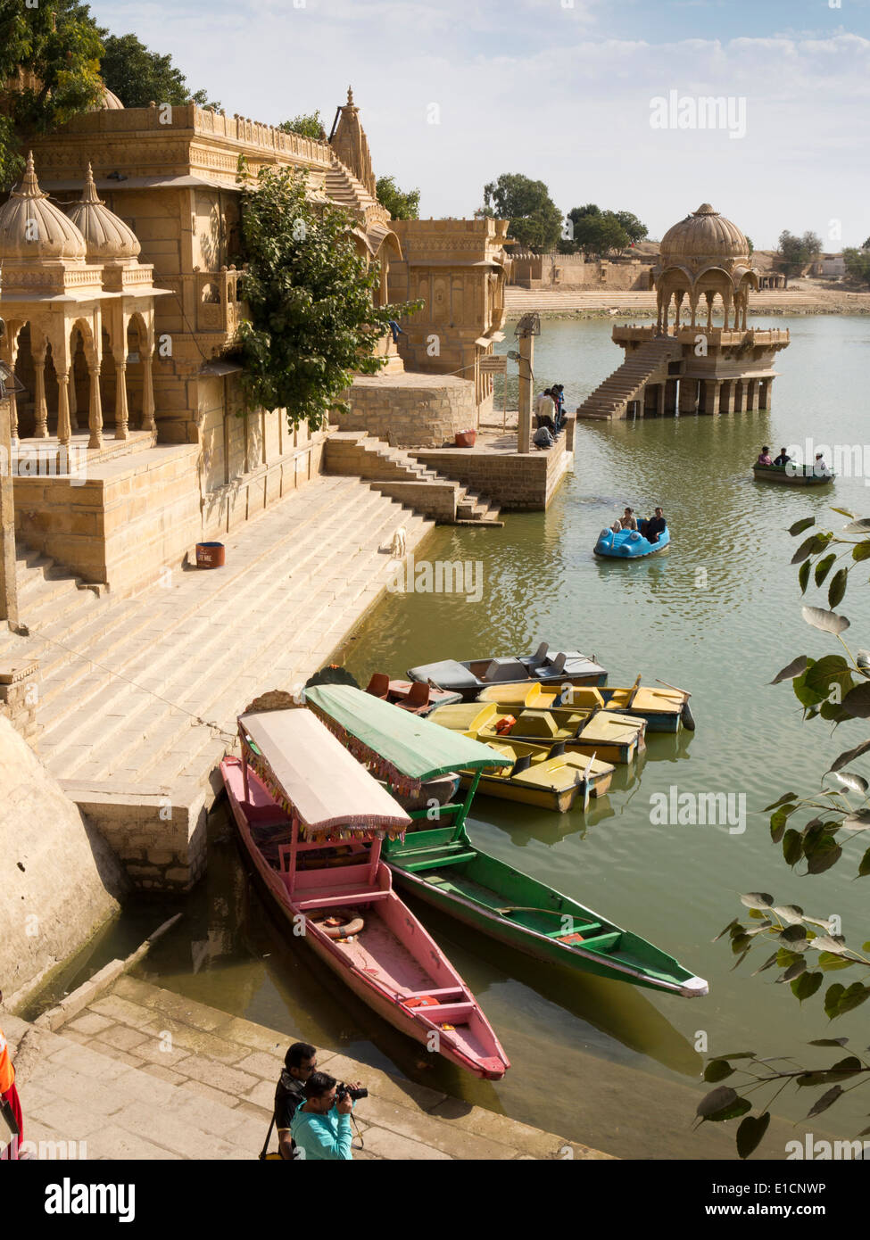 India, Rajasthan, Jaisalmer, Gadi Sagar, shikaras and paddling boats ...