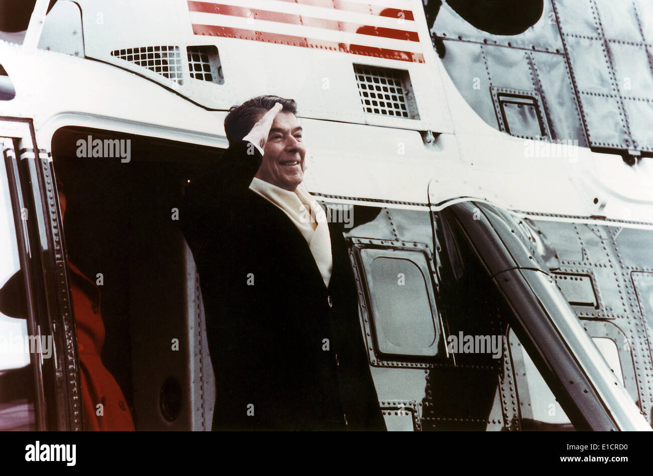 Ronald Reagan. President Ronald Reagan salutes as he boards Marine One ...
