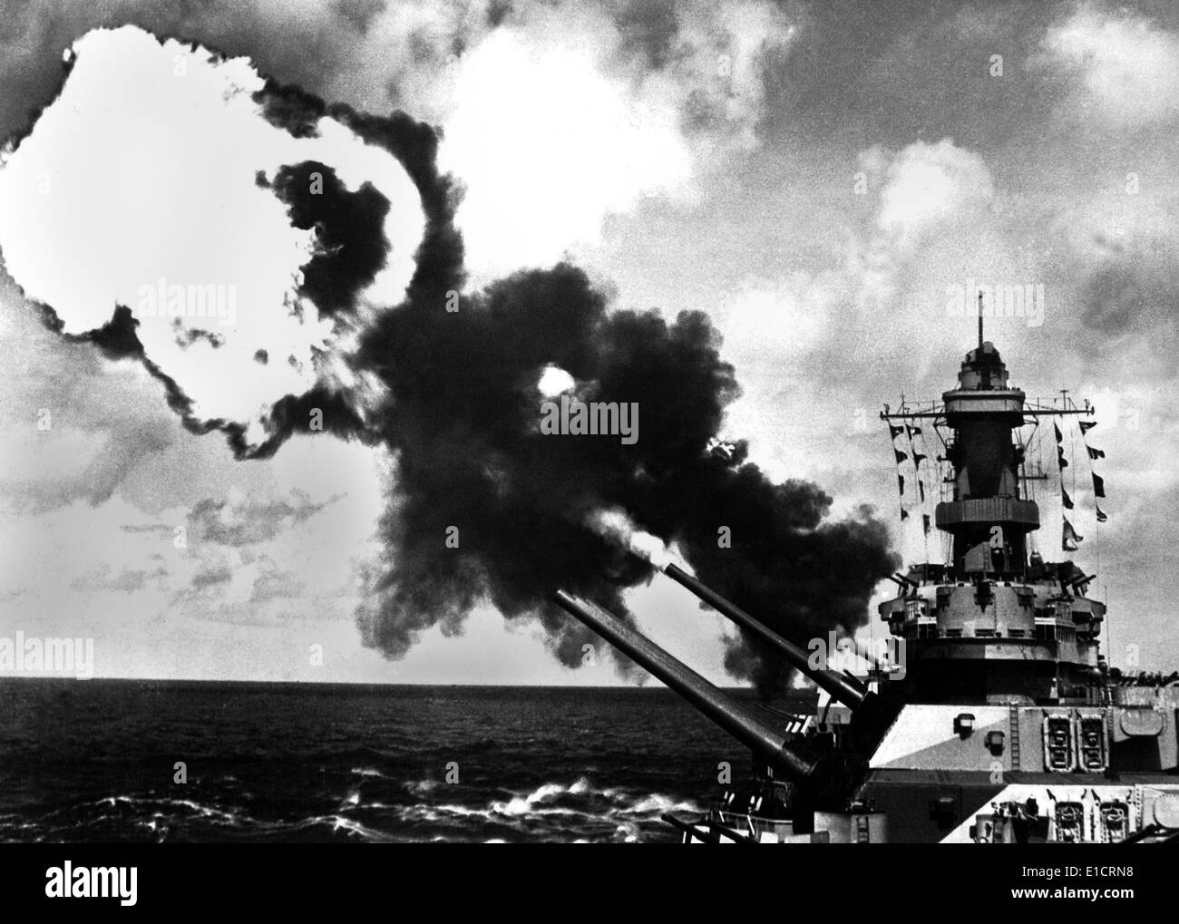 16 inch guns of the USS IOWA firing during World War 2 battle drill in ...