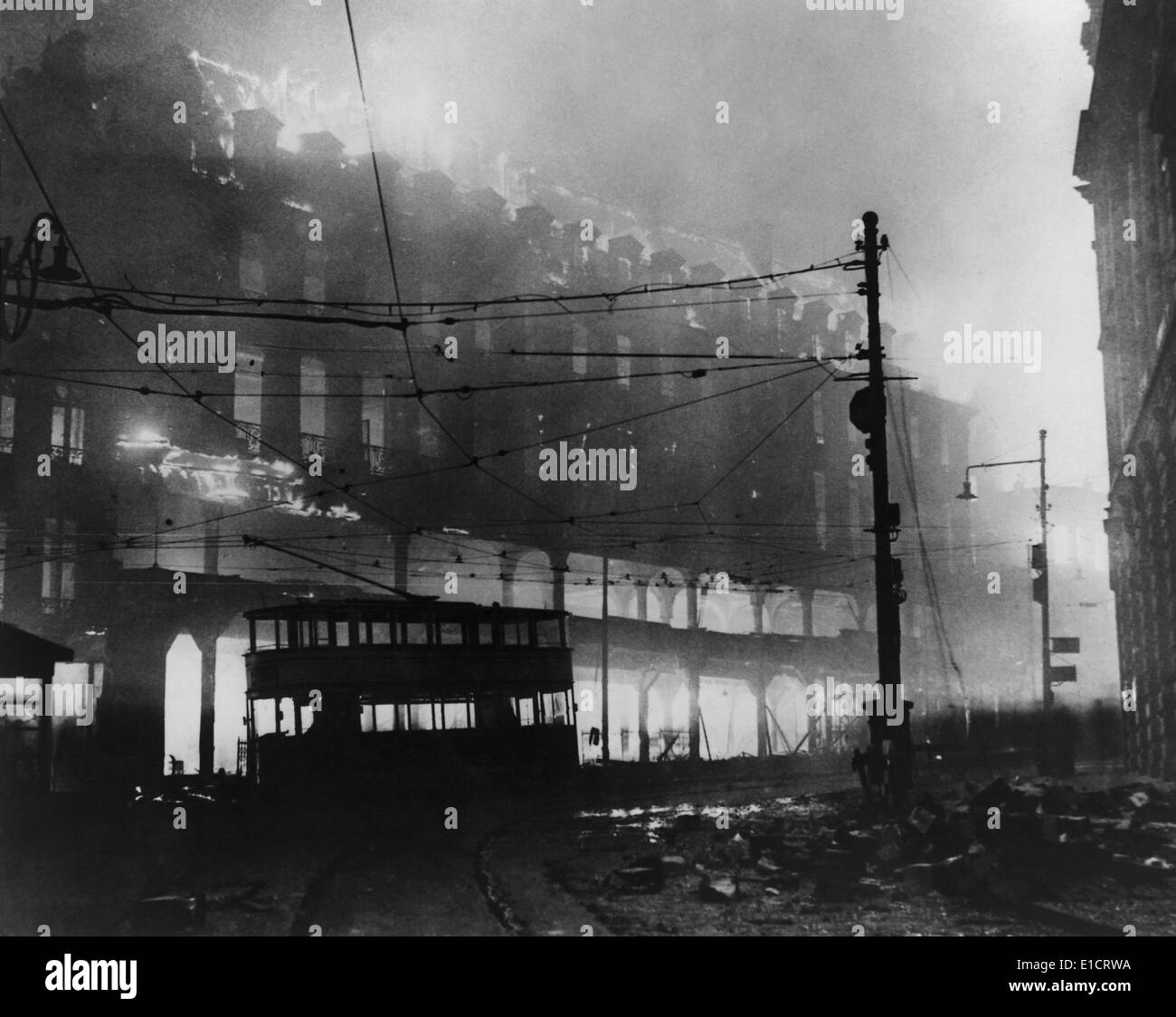 Battle of Britain during World War 2. Burning buildings in Sheffield ...