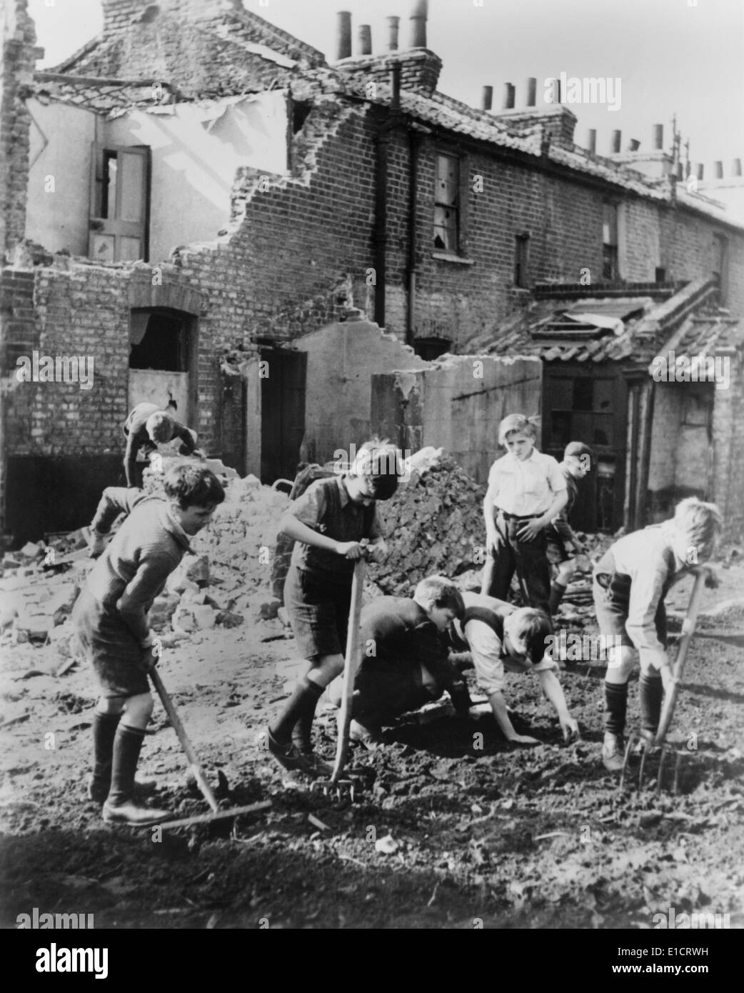 World War 2, Battle of Britain. Young boys with pitchforks and rakes ...
