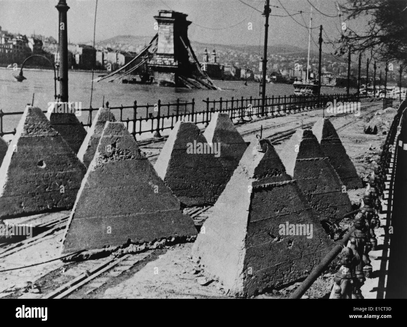 World War 2 anti-tank barriers along the river in Budapest. Retreating ...