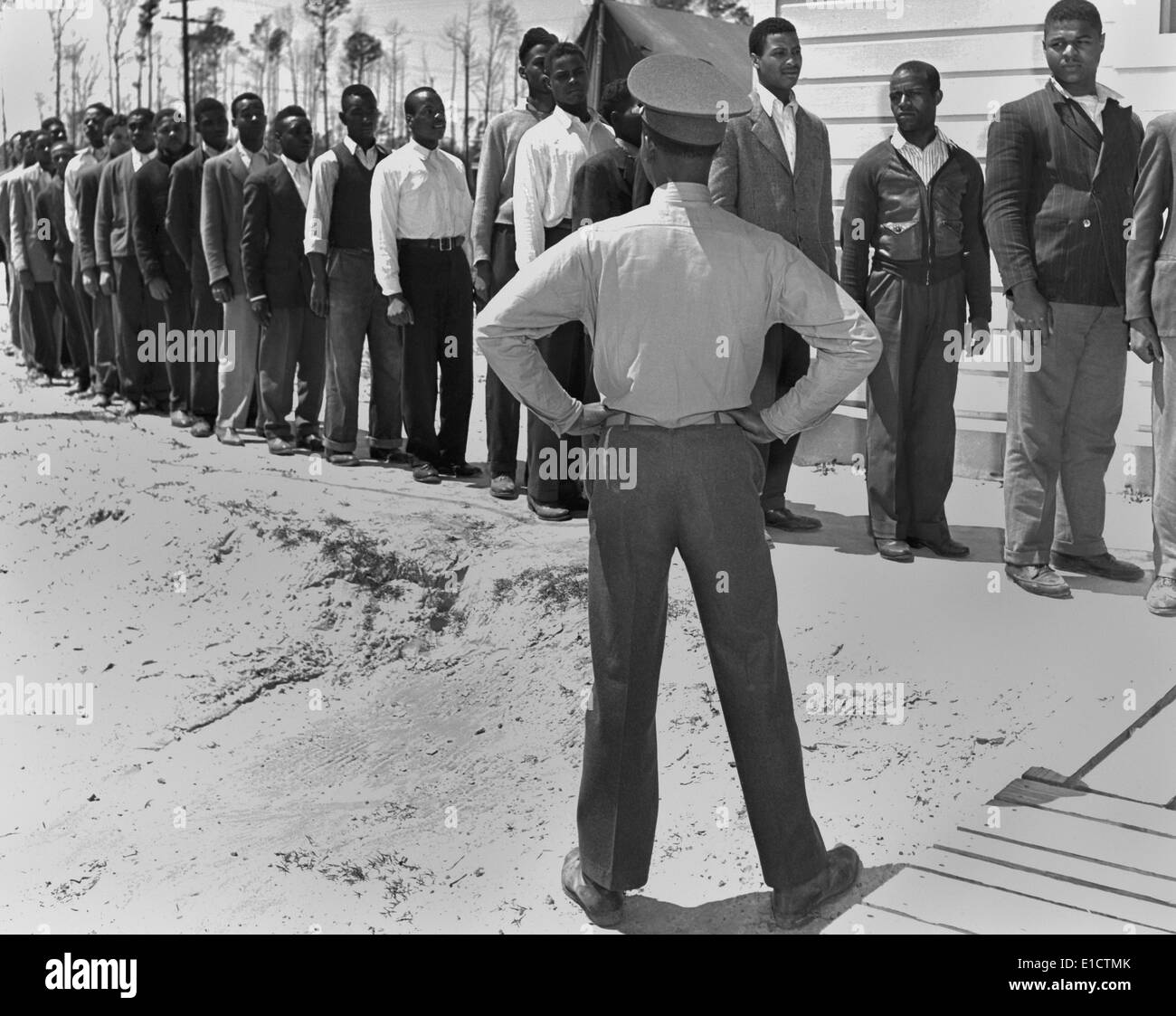 African American Marine recruits line up to begin basic training ...