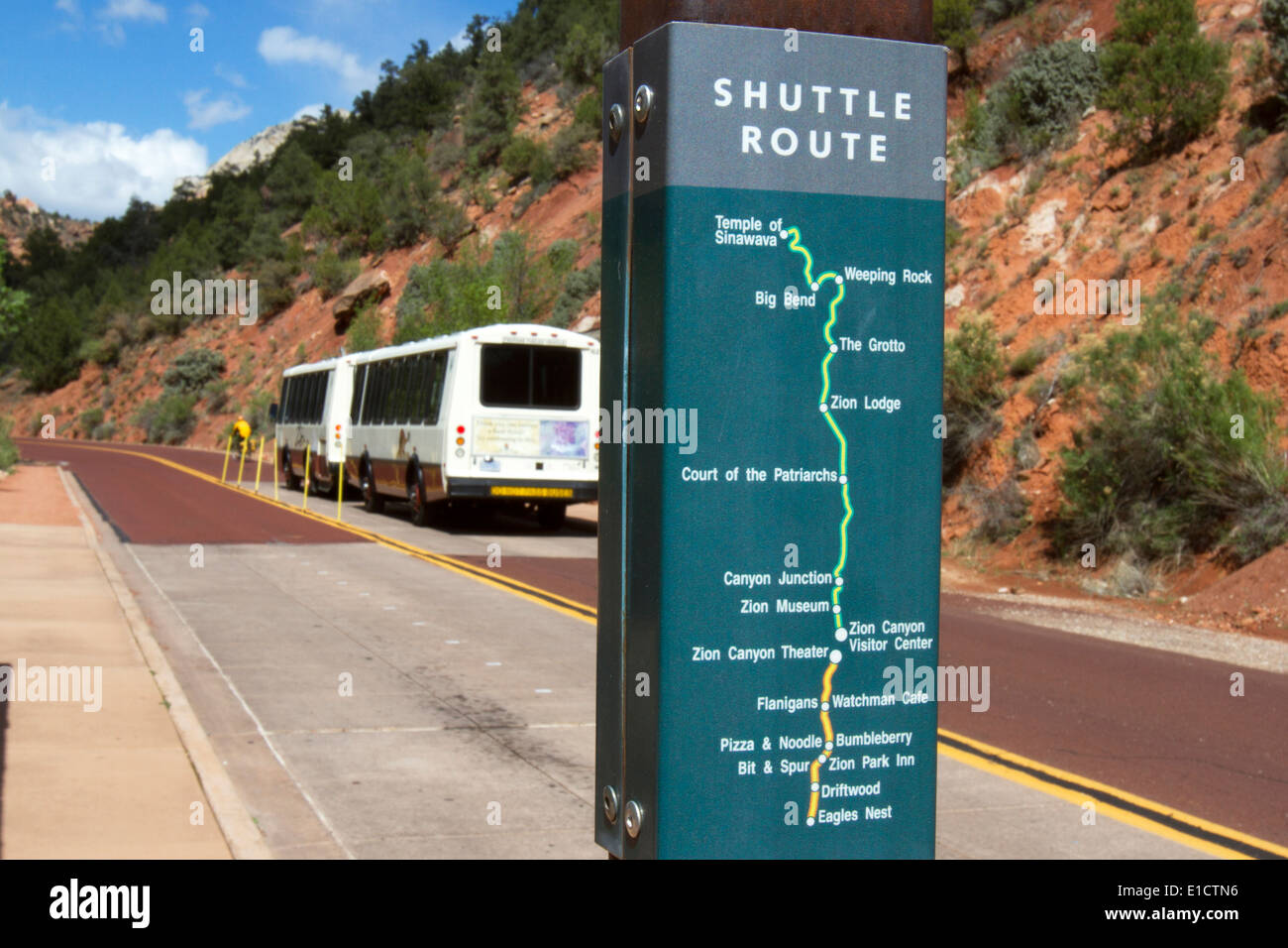 Placard at bus stop in Zion National Park showing shuttle bus stops ...