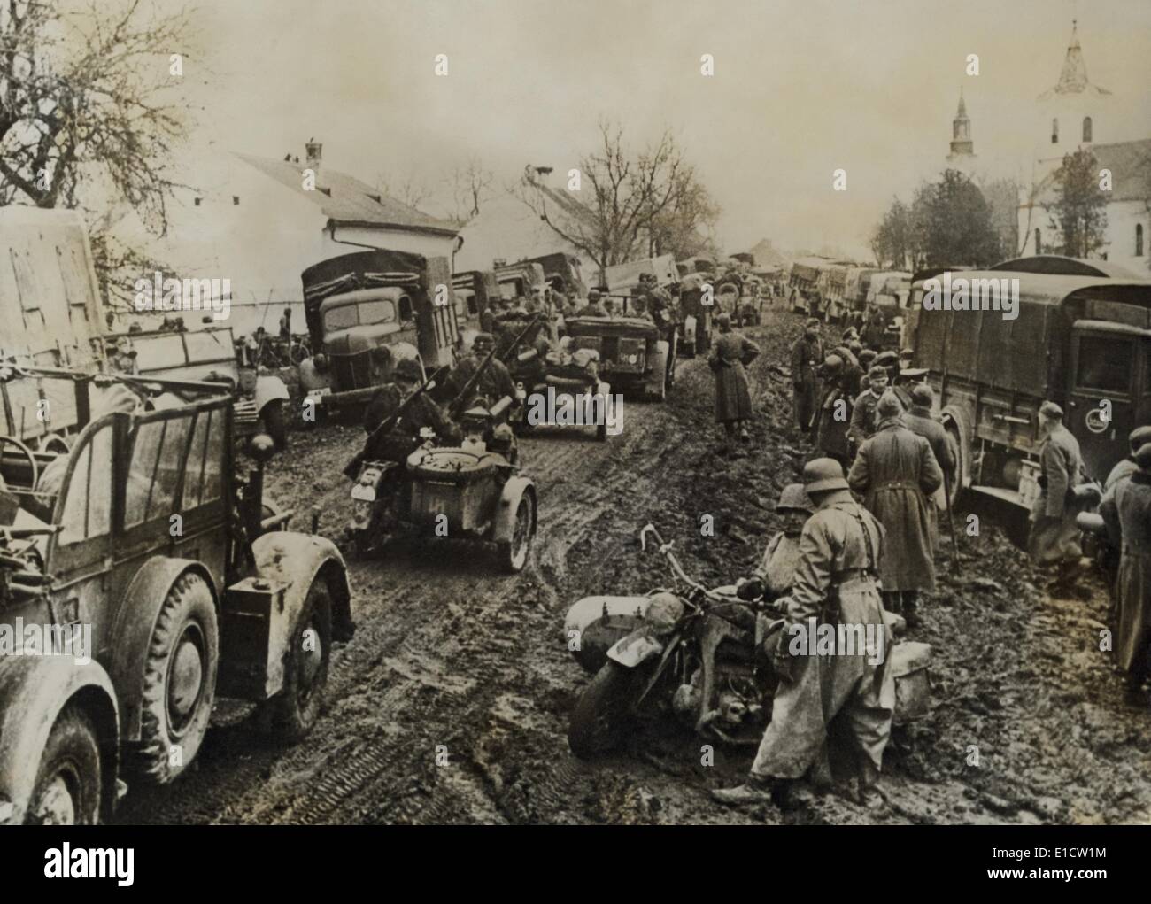German army units invading Greece in April 1941 in heavy spring rains ...