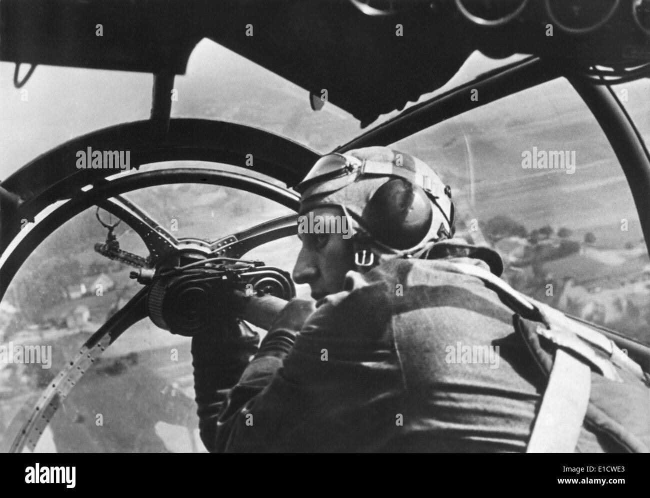 German machine gunner in an airplane during first days of World War 2 ...
