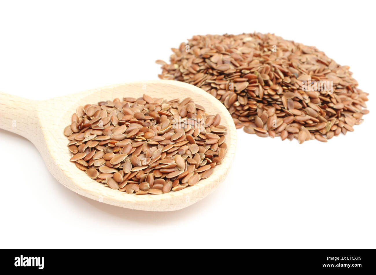 Heap of brown linseed with wooden spoon. Isolated on white background Stock Photo - Alamy