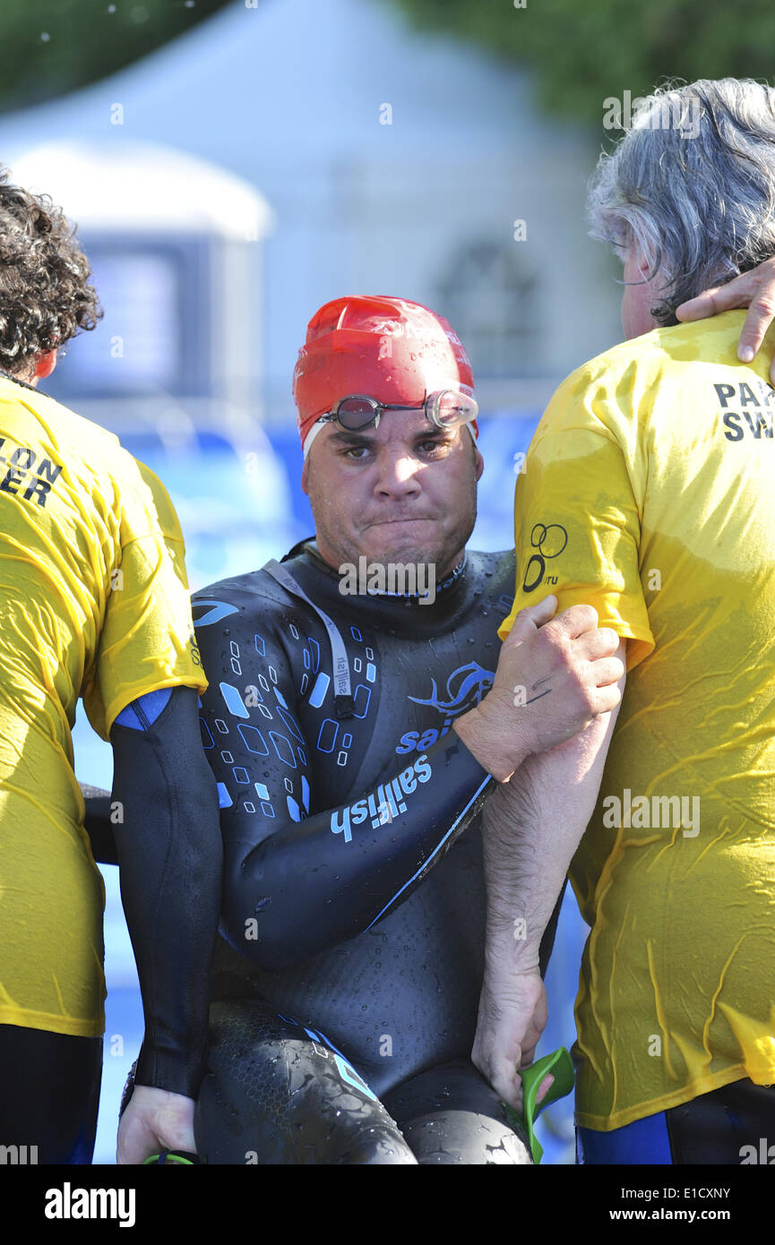 London, UK. 31st May 2014. A disabled swimmer in the PT1 class being ...