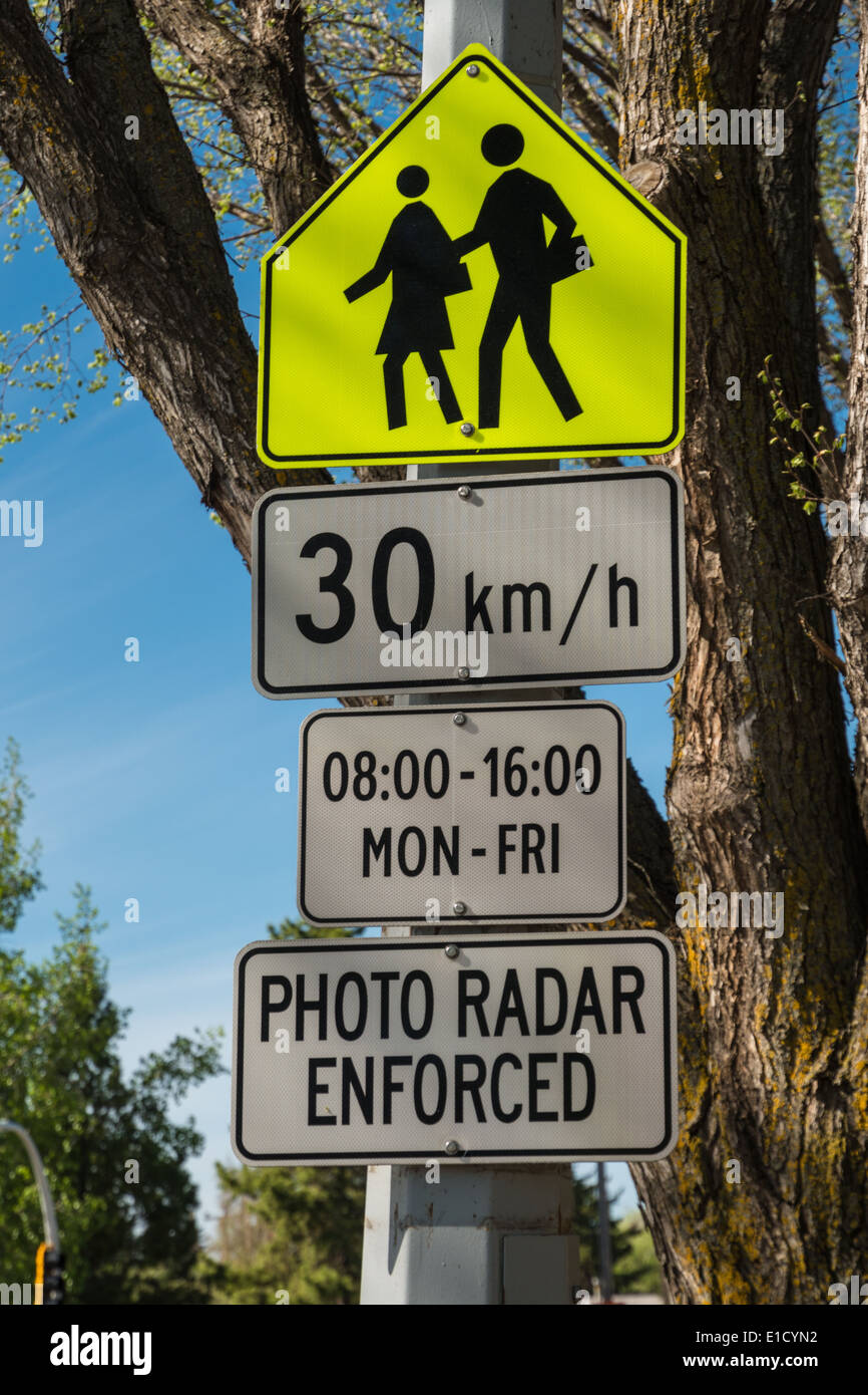 Closeup of signs indicating school zone speed limit of 30 km/h Stock ...