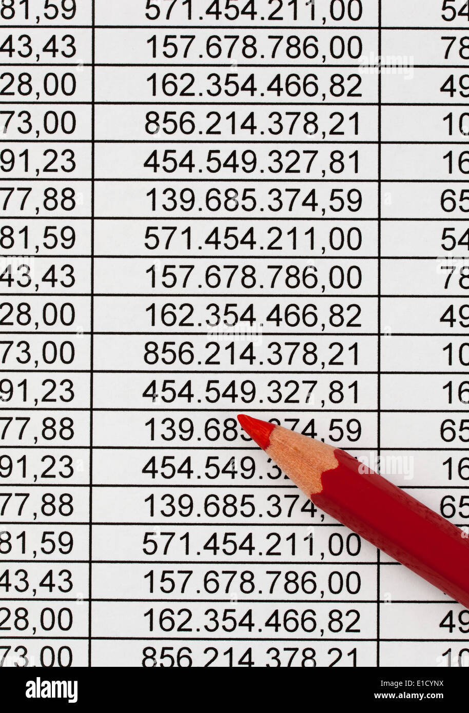 A red pen on a column of figures. Save on expenses Stock Photo - Alamy
