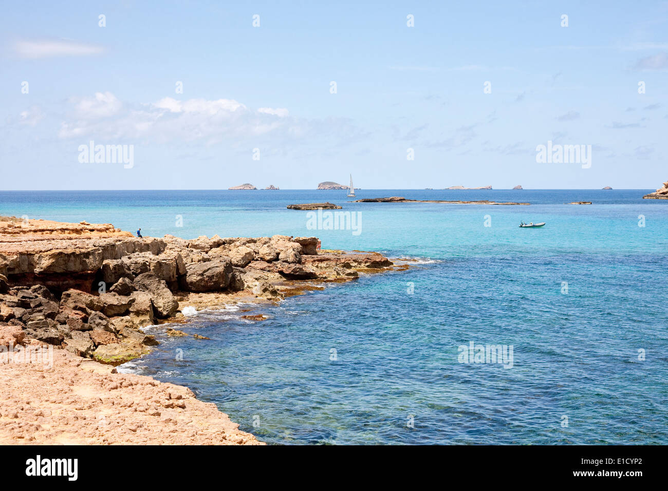 Playa de cala conta beach in Ibiza with clear blue Mediterranean sea ...