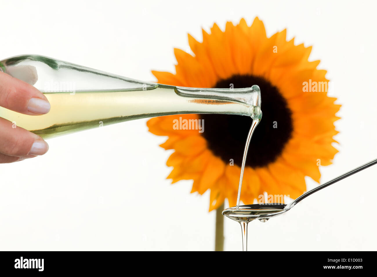 Light cooking oil from sunflower seeds with flower Stock Photo - Alamy