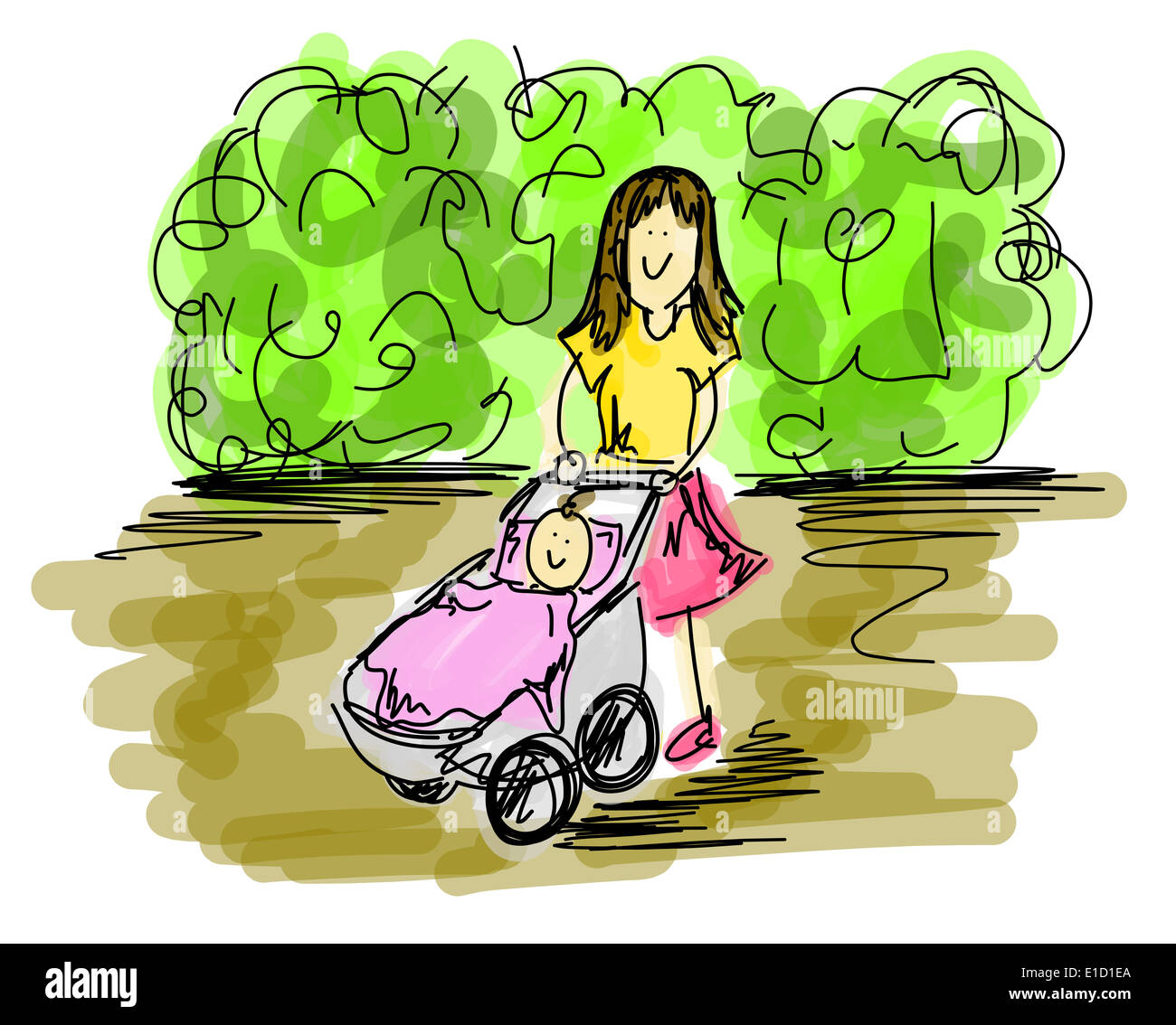 Illustration of a woman pushing a pram Stock Photo - Alamy
