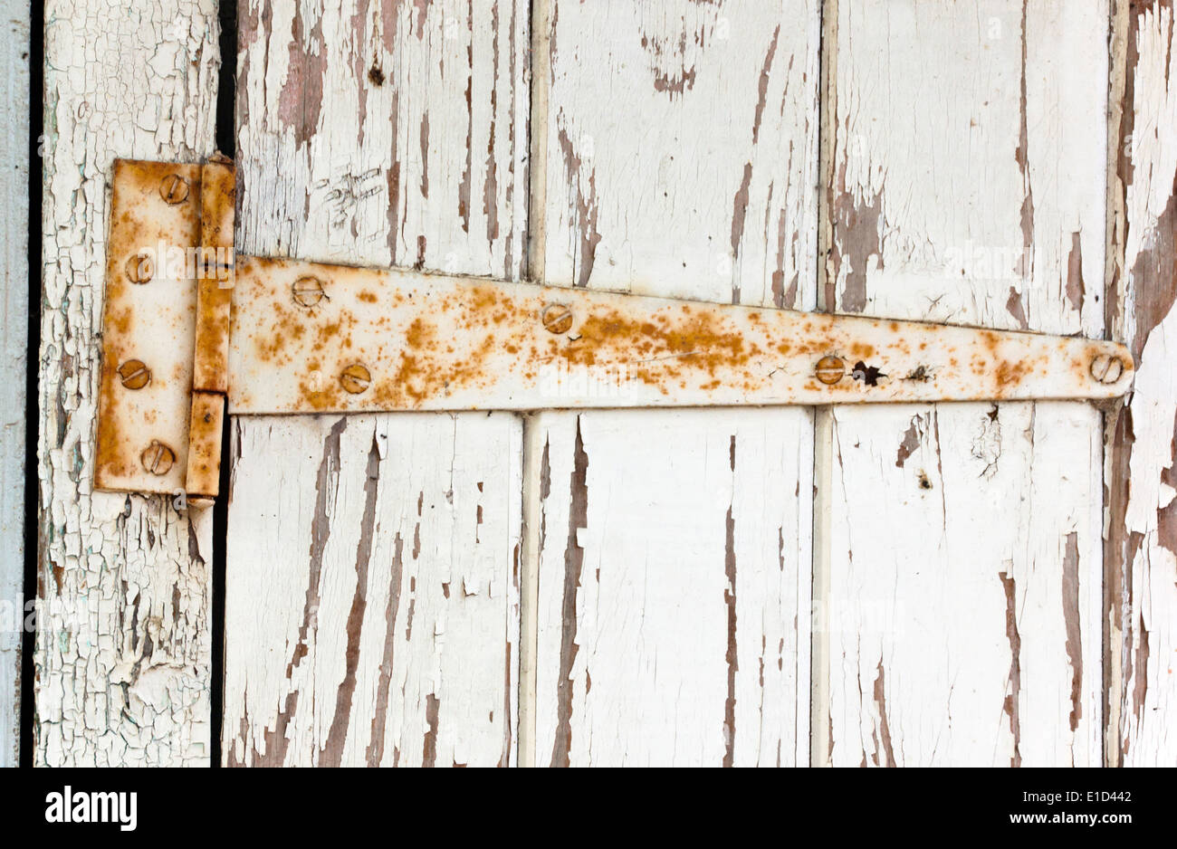 large rusted metal hinge on peeling wooden door Stock Photo - Alamy