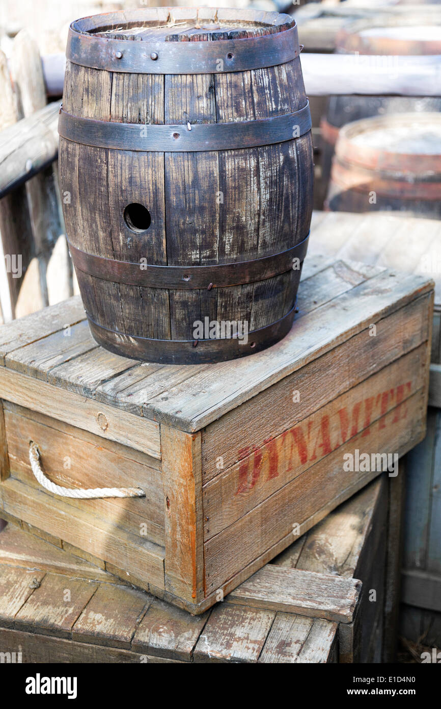 Barrel and dynamite boxes as a concept of far wild west decoration ...