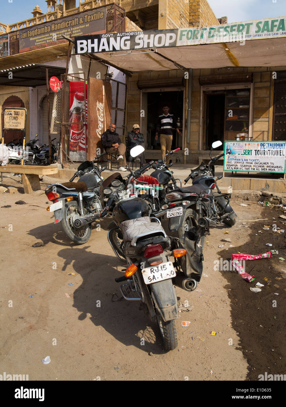 India, Rajasthan, Jaisalmer, motorcycles parked outside, Bhang (legal ...