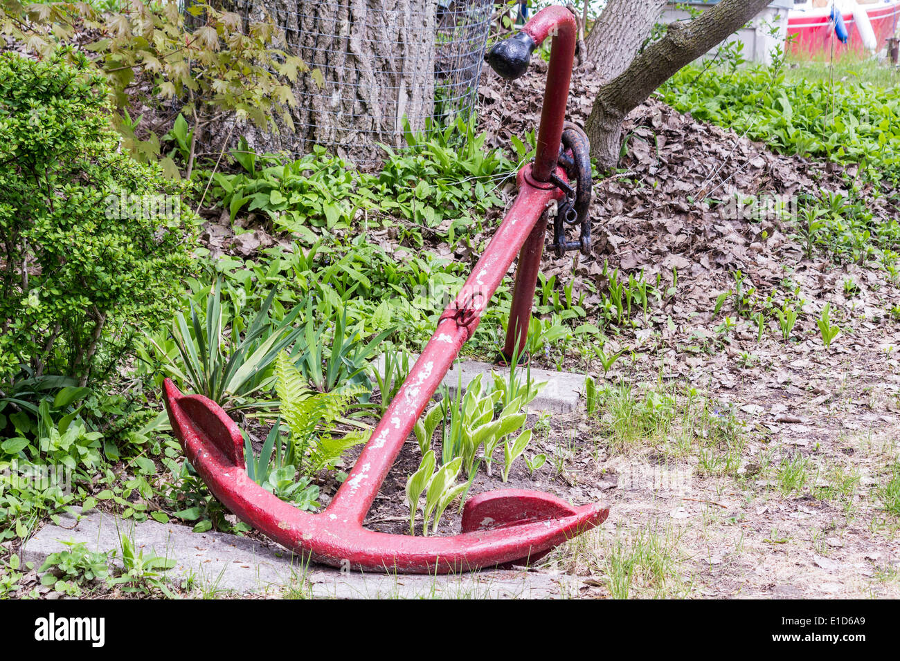 Large old red anchor decorating a path on Ward's Island on Toronto ...