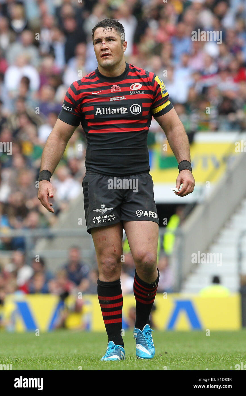 London, UK. 31st May, 2014. A bloody Brad Barritt of Saracen's during ...