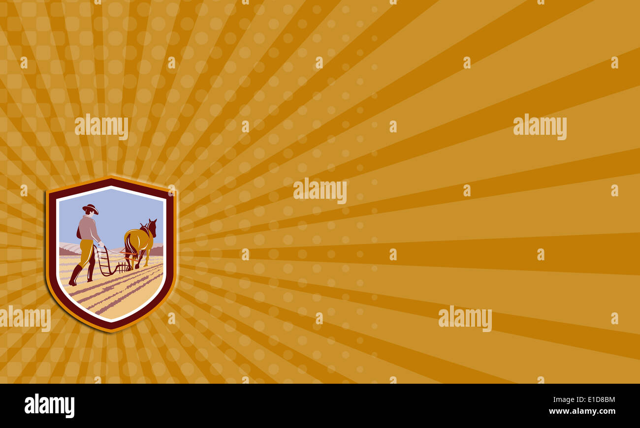 Business card showing illustration of farmer and horse plowing farm ...