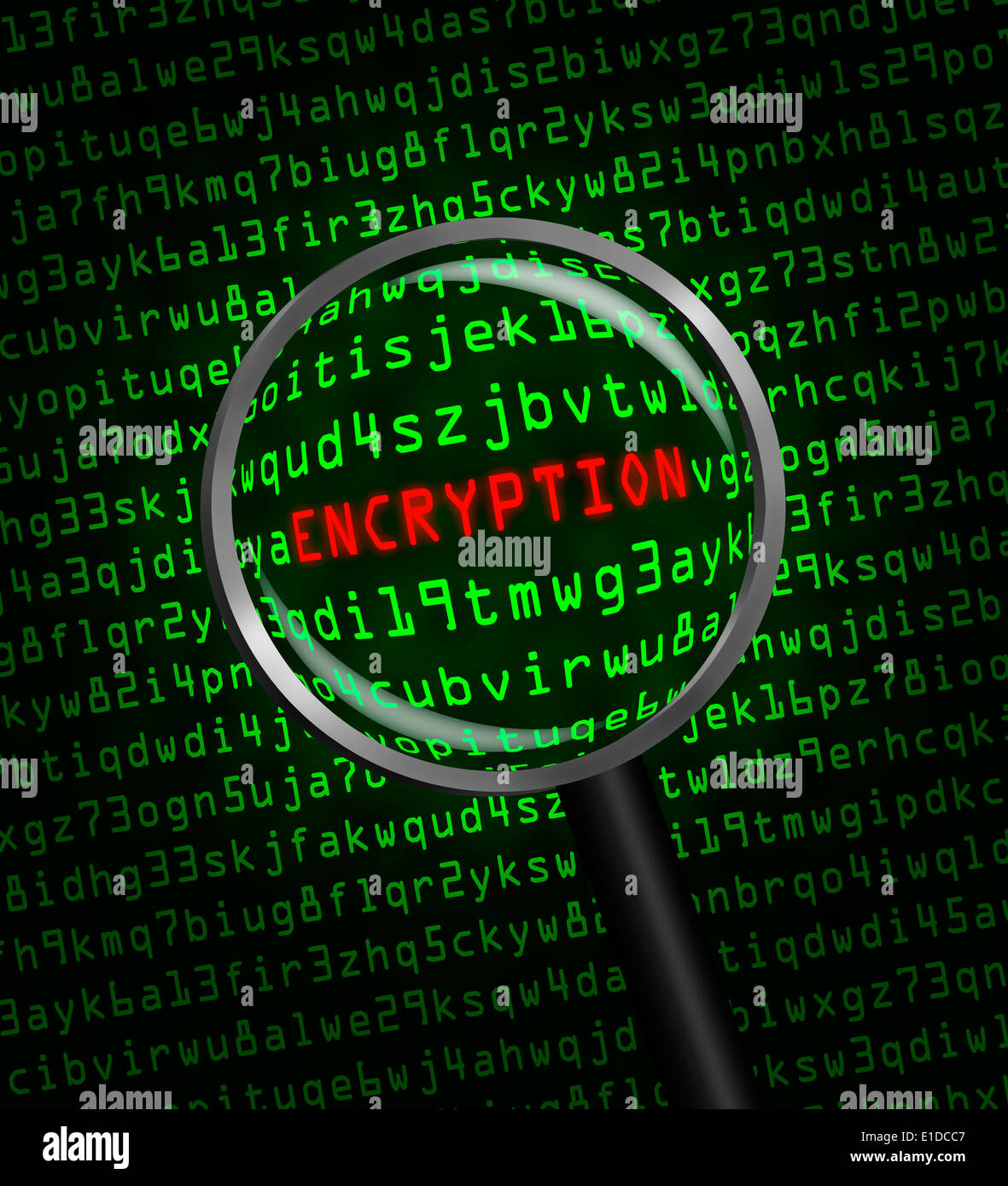The word "ENCRYPTION" in red revealed in green computer machine code ...