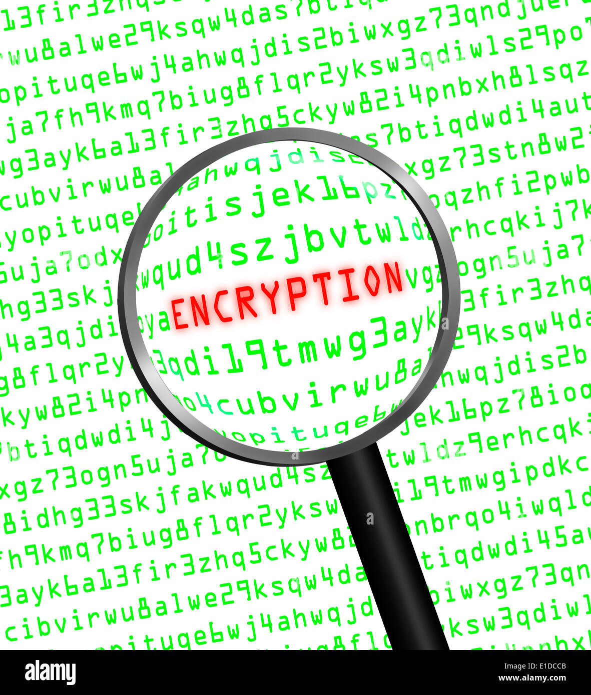 The word "ENCRYPTION" in red revealed in green computer machine code ...