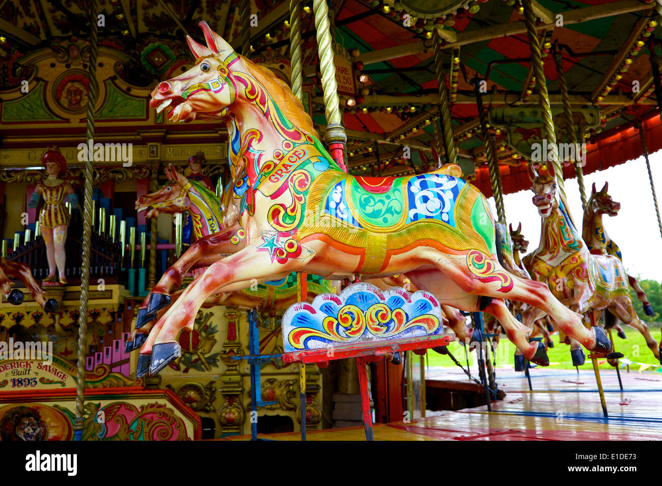 A horse on an antique steam carousel situated at Beamish Museum, an ...