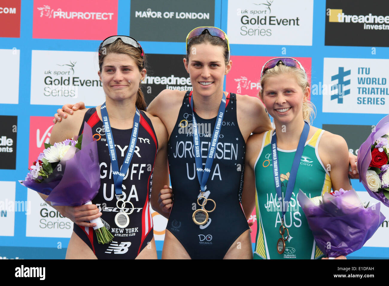 London, UK. 31st May, 2014. Sarah Groff, Gwen Jorgensen and Emma ...