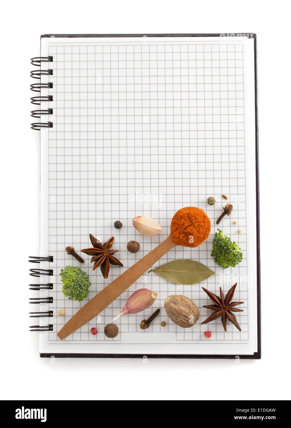 food ingredients and recipe book on white background Stock Photo - Alamy
