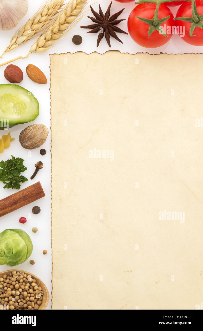 food ingredients and paper isolated on white background Stock Photo - Alamy