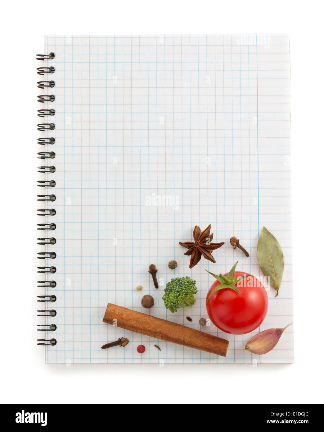 food ingredients and recipe book on white background Stock Photo - Alamy