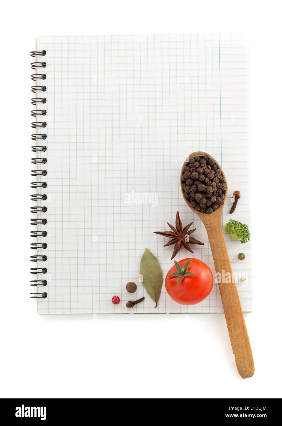 food ingredients and recipe book on white background Stock Photo - Alamy