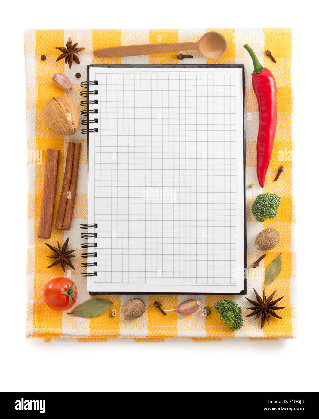 food ingredients and recipe book on white background Stock Photo - Alamy