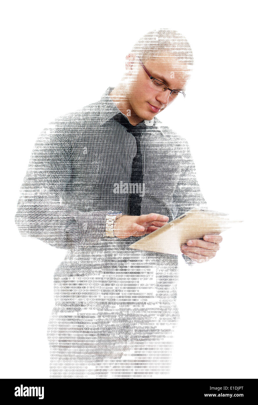 Male programmer with tablet pc on white background Stock Photo - Alamy