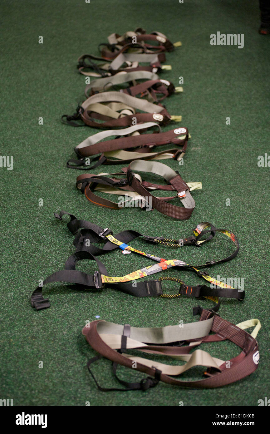 Line of safety harnesses ready for climbing lesson Stock Photo - Alamy
