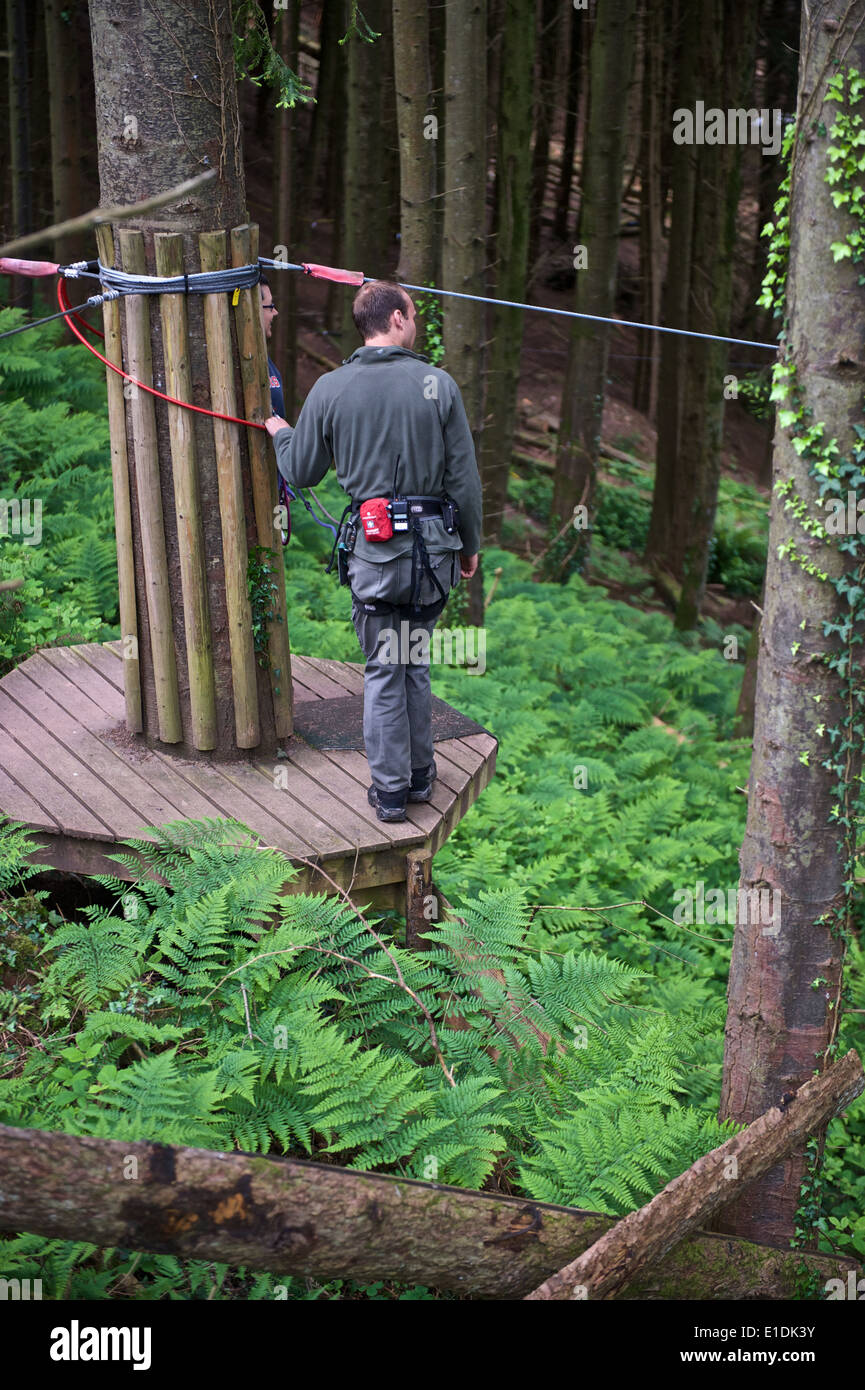 Outdoor adventure zip wire instructor waits on a platform in the woods ...