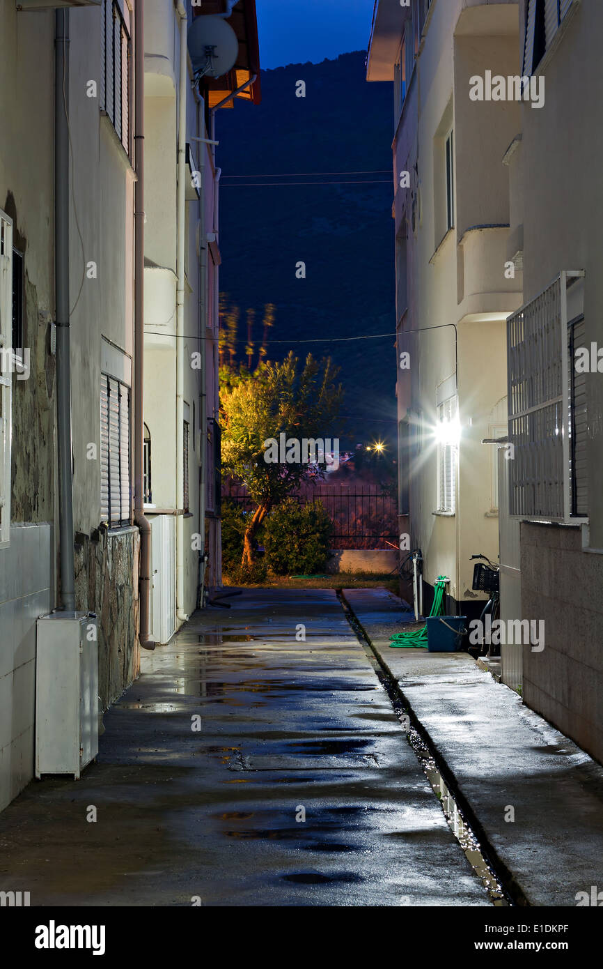 Dark wet empty alleyway at dawn Stock Photo - Alamy
