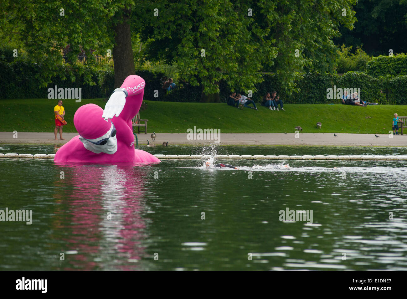 Lead swimmer passes a giant swimming inflatable in The Serpentine, Hyde ...