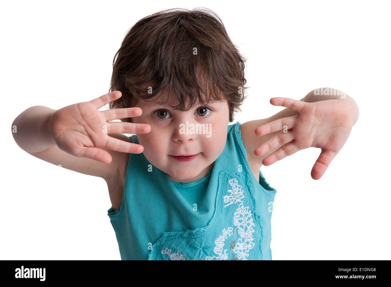 Little girl making gestures with her hands on white background Stock ...