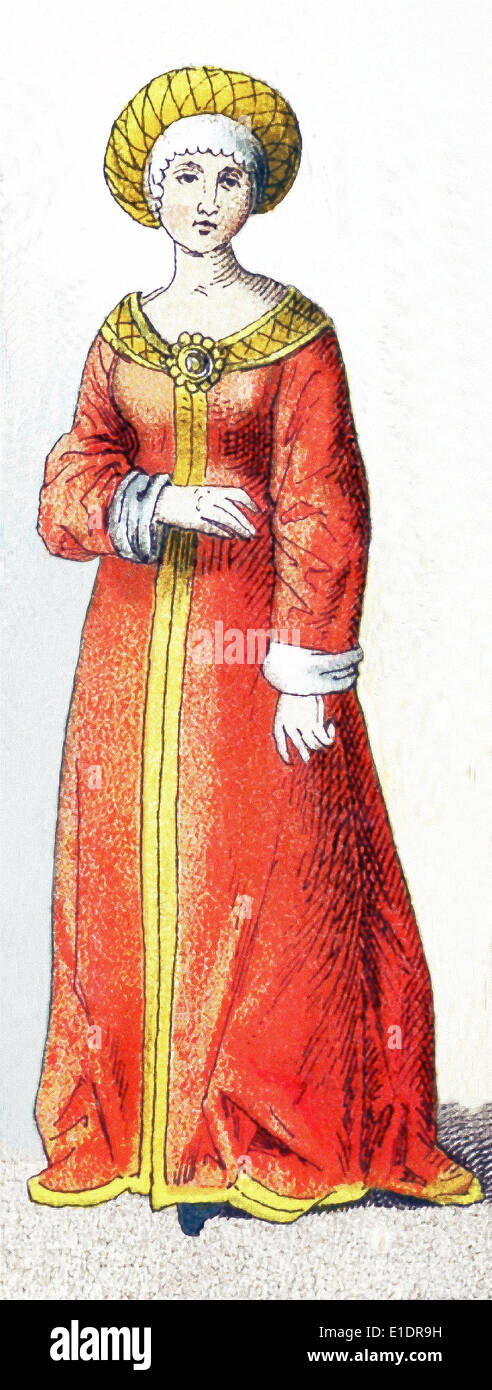 This illustration shows a German woman of means between 1450 to 1500 ...