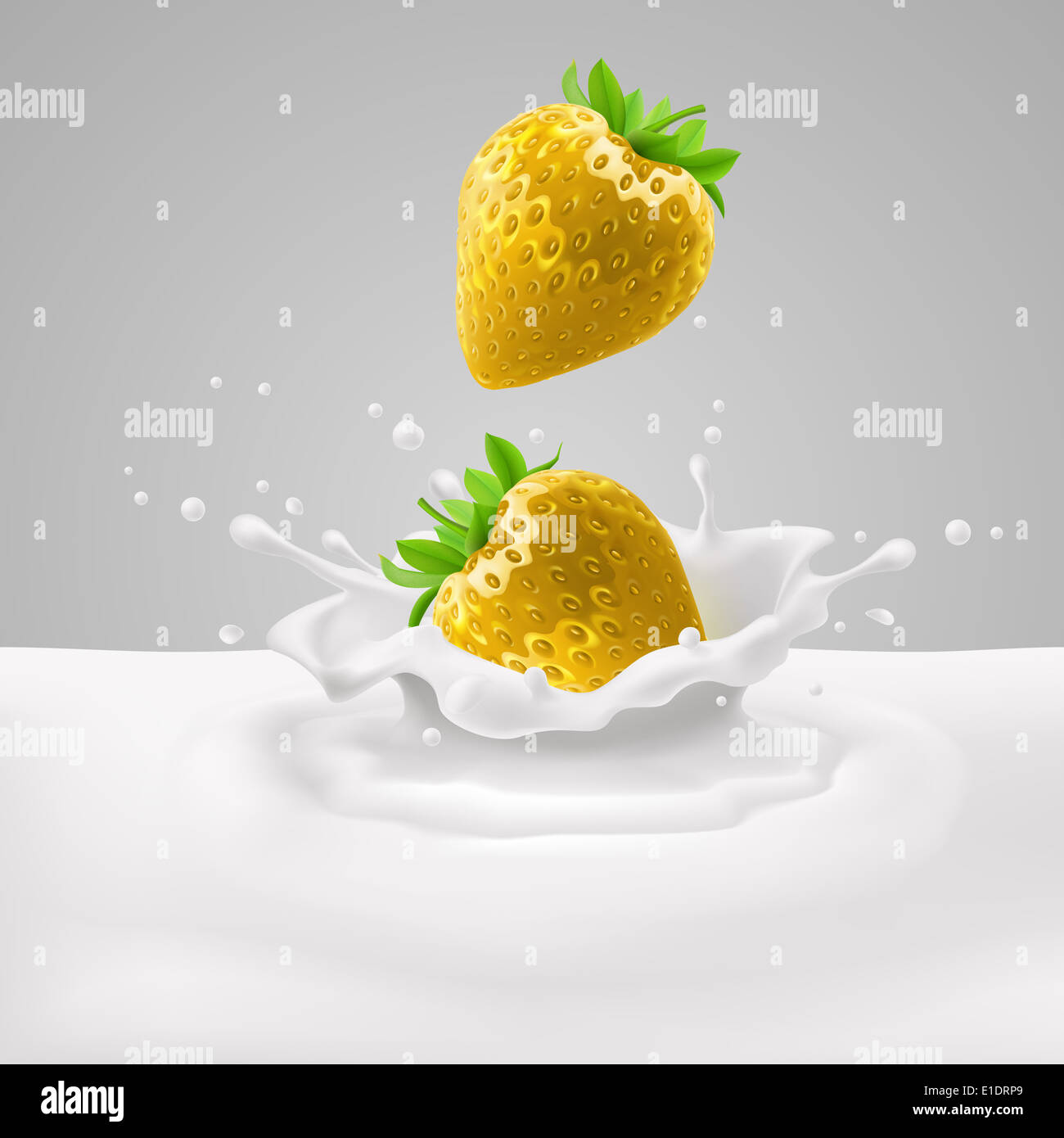 Yellow strawberries with green leaves falling into milk with splashes ...