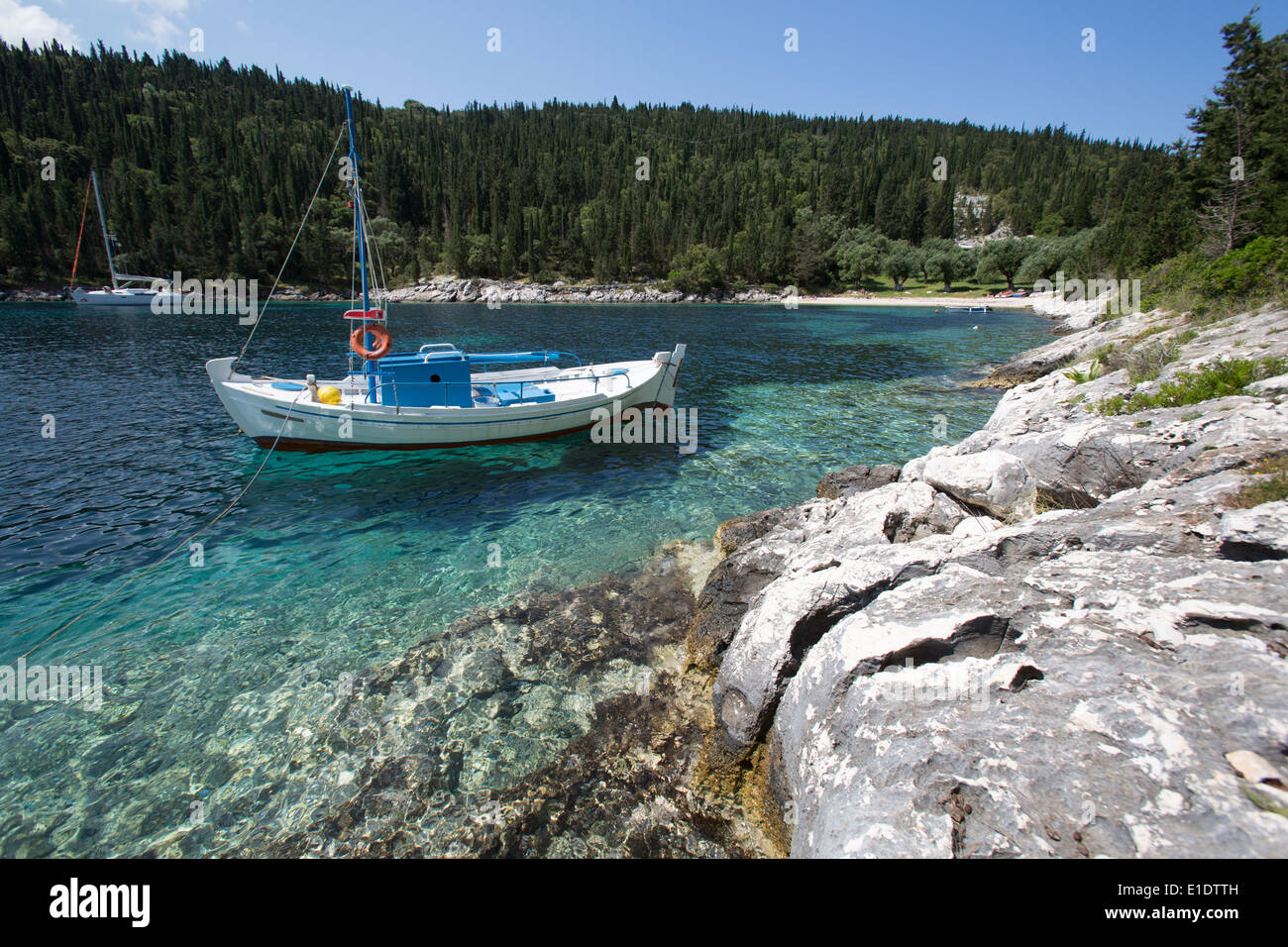 Village of Fiskardo, Kefalonia. Picturesque view of the beach at Foki ...