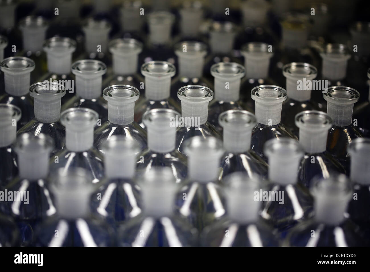 wide shot of glass bottles tops with ground glass necks in a lab Stock ...