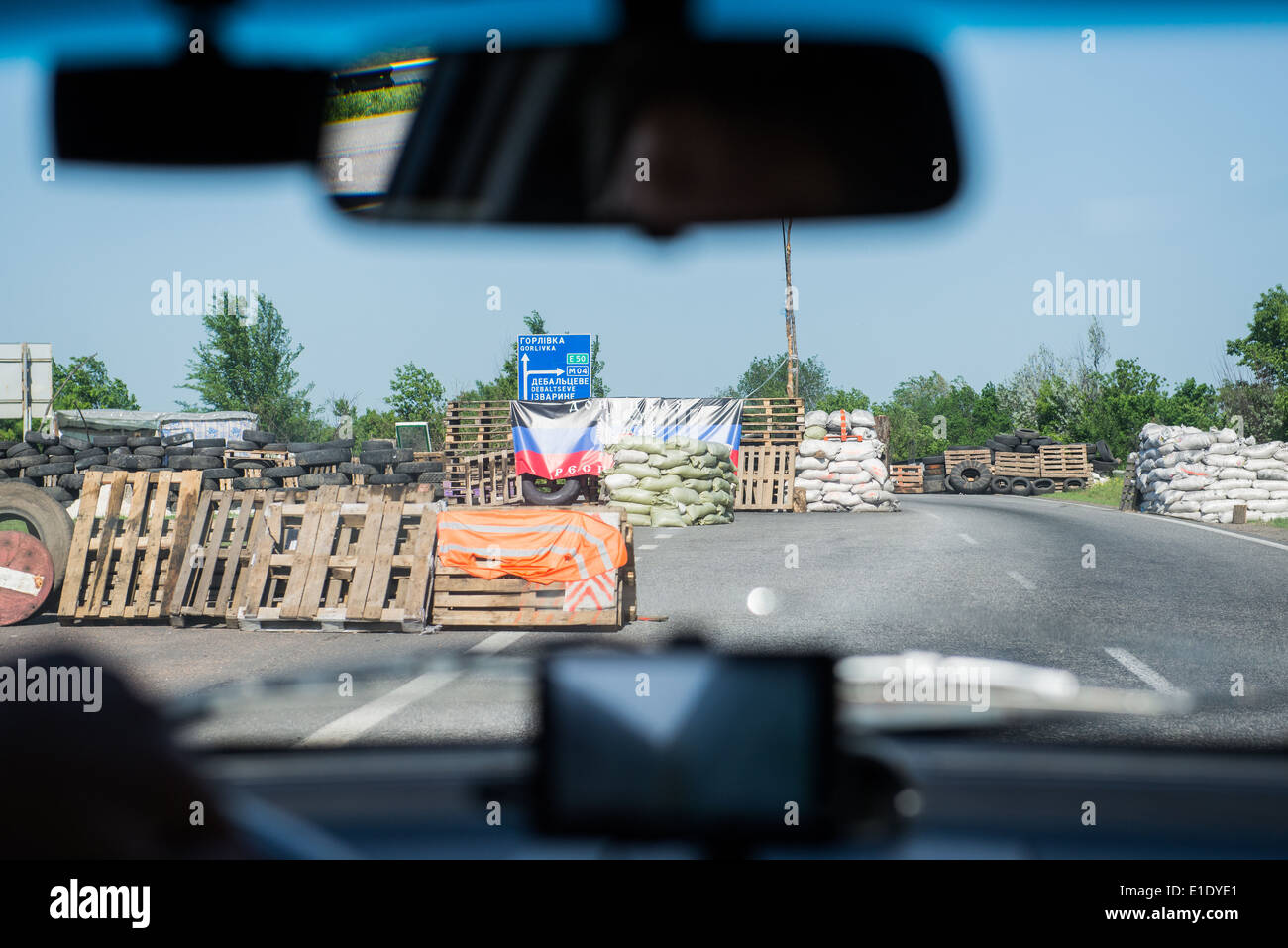 Pro-Russian militia checkpoint on the road near Donetsk during 2014 ...